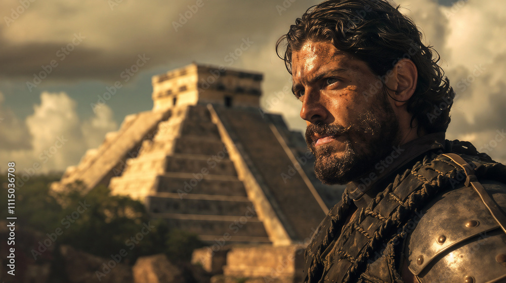Bearded explorer conqueror confronting the imposing Mesoamerican temple ...