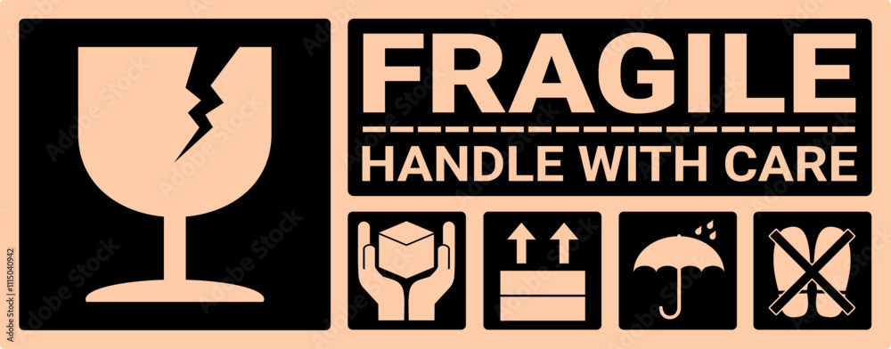 sticker fragile handle with care, black and brown fragile warning label ...