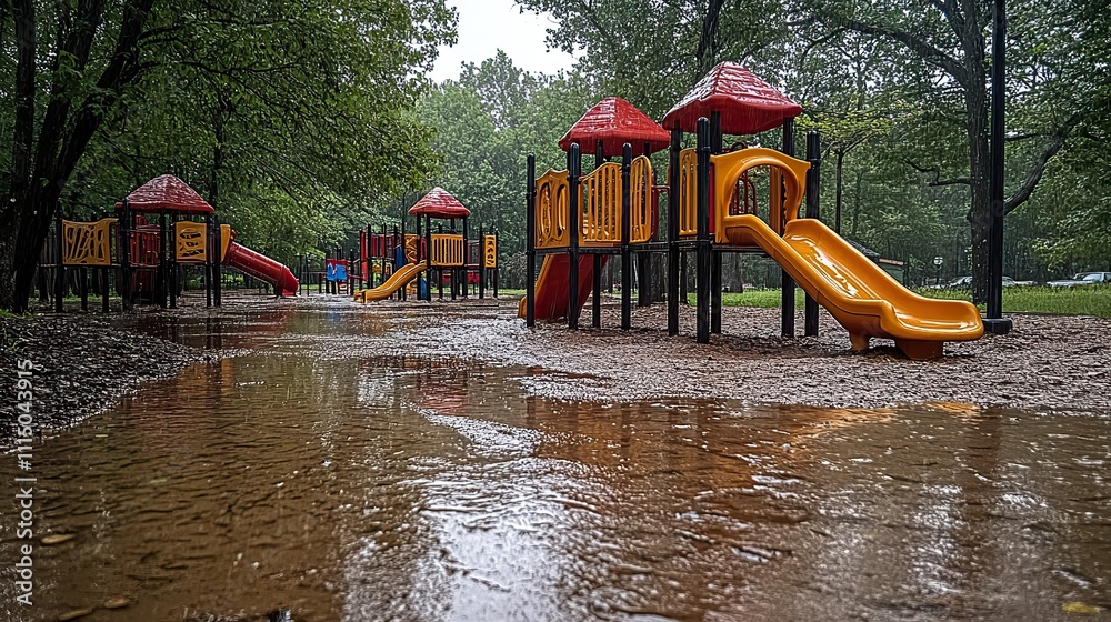 Flooded playground equipment, showing the effects of continuous ...
