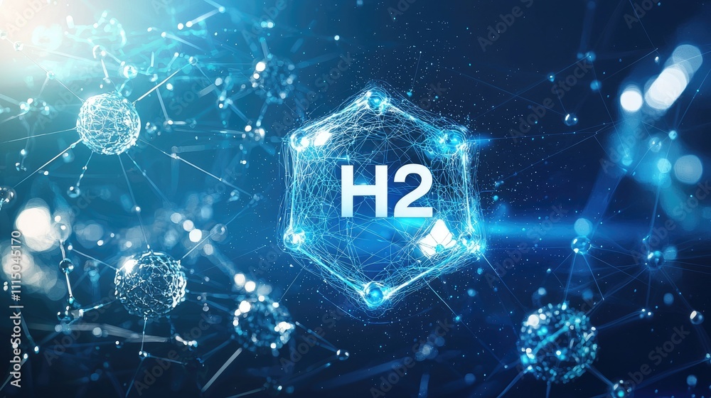 Blue background with "H2" in the center, surrounded by light effect ...