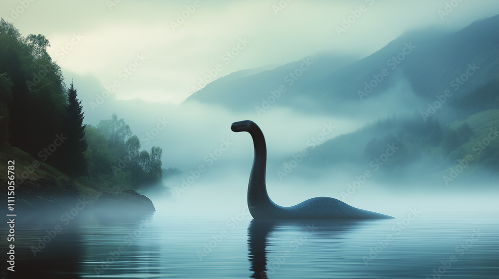 Loch ness monster emerging from the foggy water of a scottish lake Stock Photo | Adobe Stock