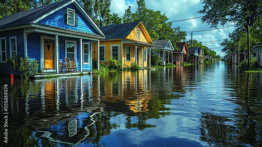 Homes are inundated by rising sea levels, illustrating the devastating ...