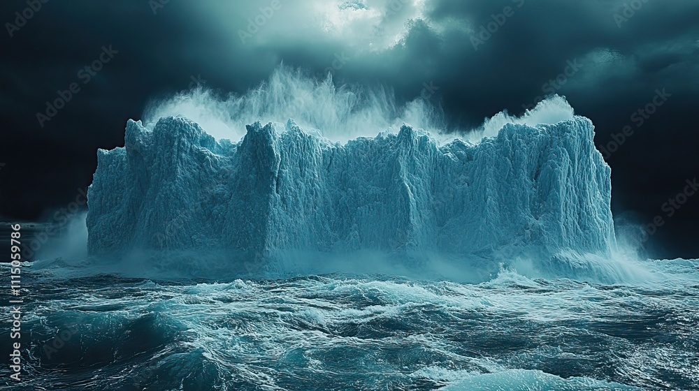 Huge icebergs collapse into the blue sea, dramatically illustrating the ...