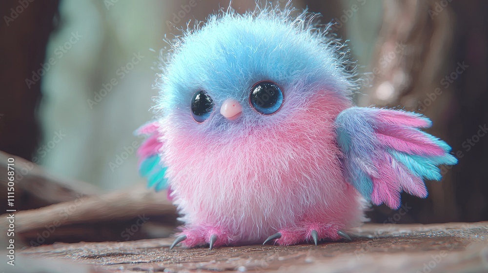 small animal with fluffy furr in pink and blue, super tiny paws, tiny ...