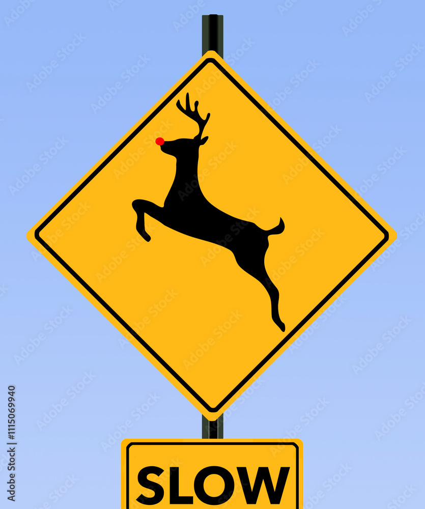 A sign on the highway shows a warning to watch out for deer with a red ...