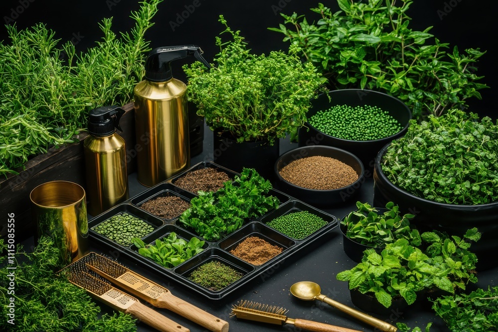 Nurturing plants with vintage gardening tools and decorative labels in ...