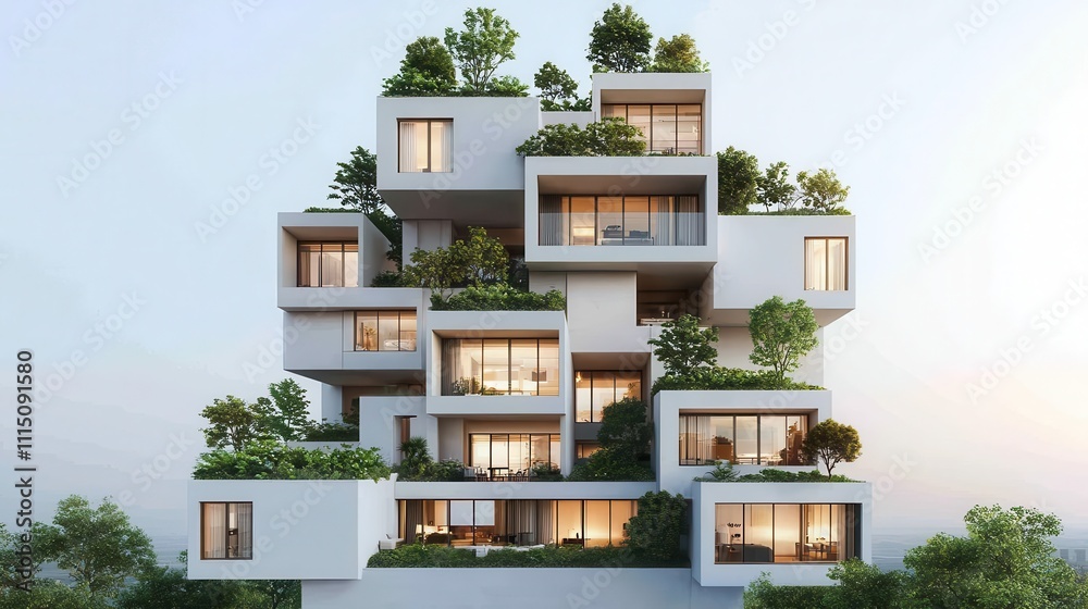 Multilayered urban building with cascading balconies and rooftop ...
