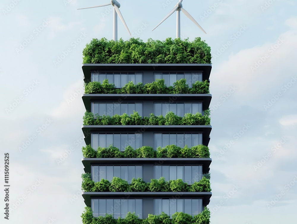 Ecofriendly skyscraper with rainwater harvesting and wind turbines ...