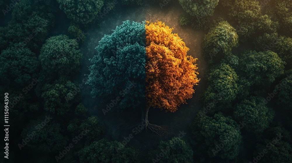 The earth and trees are divided between clean and polluted zones ...
