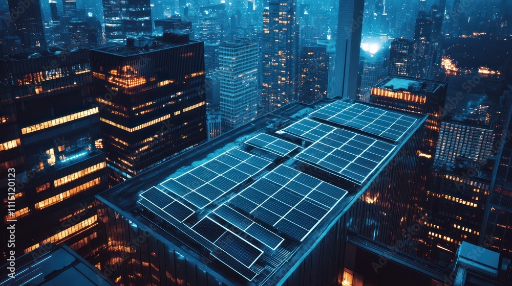 a high-tech building showcasing energy efficiency with rooftop solar ...
