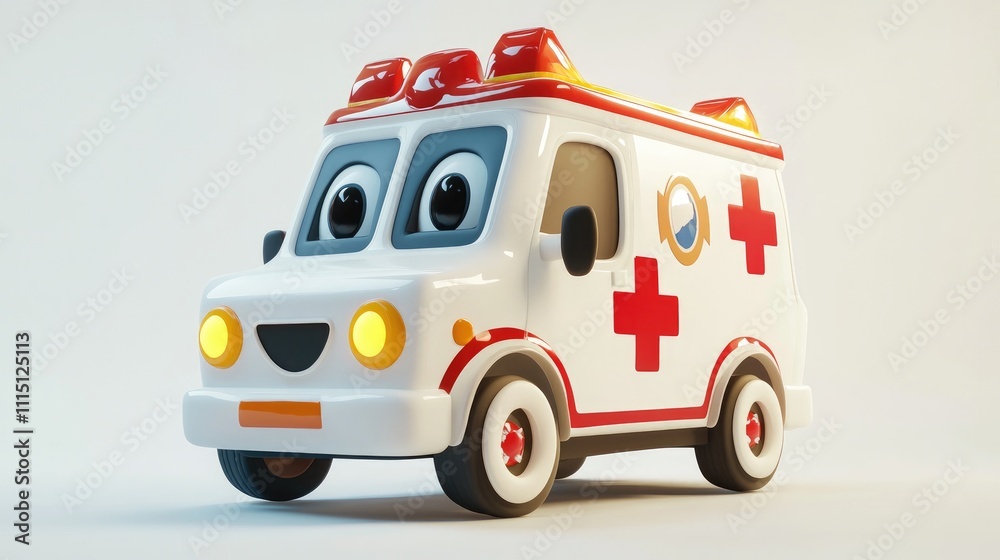 Cute Cartoon Ambulance Drives Cheerfully, Emergency Vehicle with Big ...