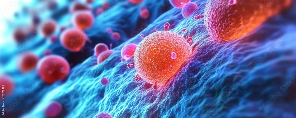 Microscopic view of vibrant cells showcasing intricate structures and colors, illustrating the ...
