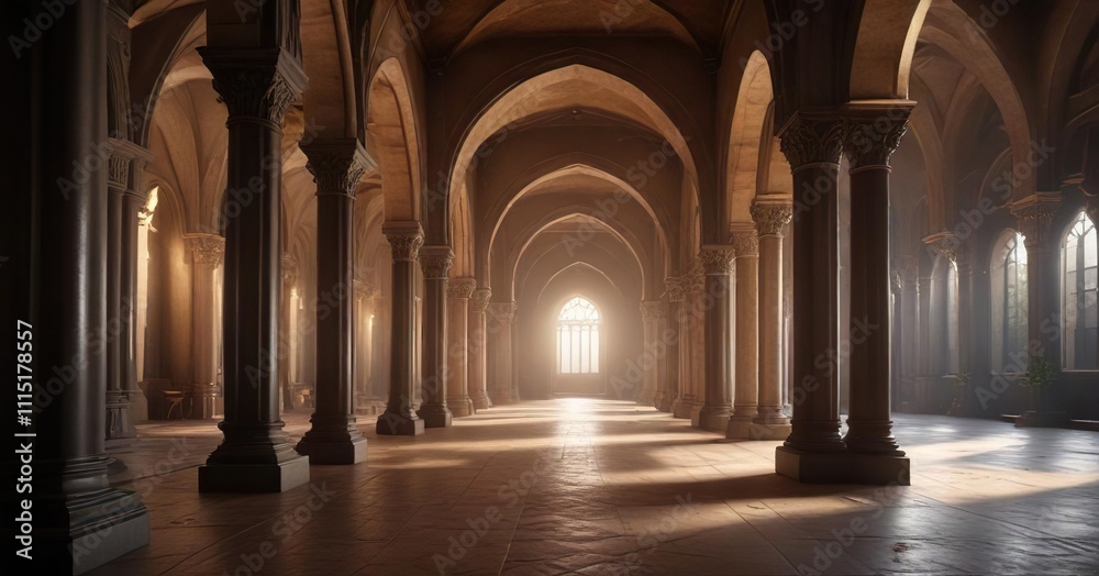Tall and narrow arches of a palace with dramatic lighting, narrow ...