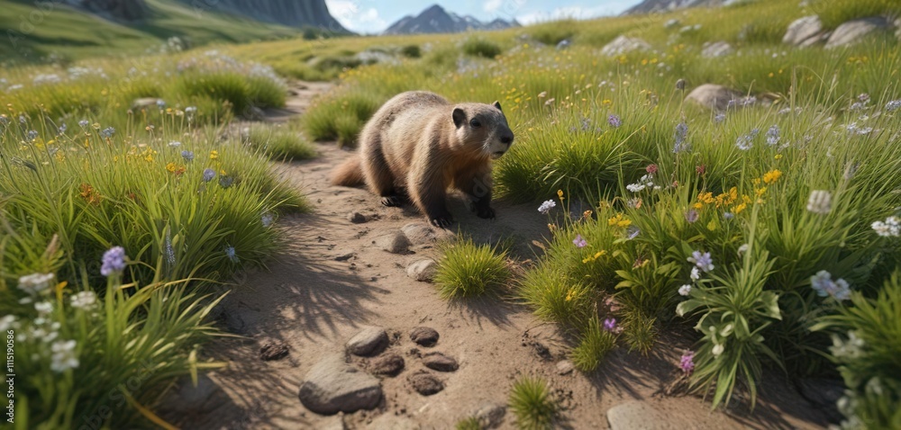 Alpine marmot's paw prints on the ground in a dry alpine meadow with ...