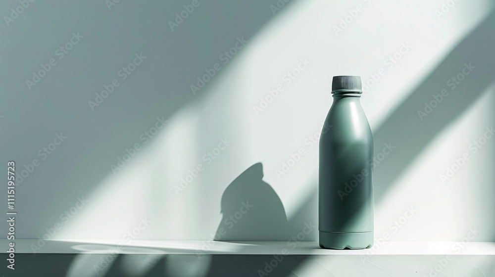 Minimalist glass bottle casting a dramatic shadow in a moody abstract ...