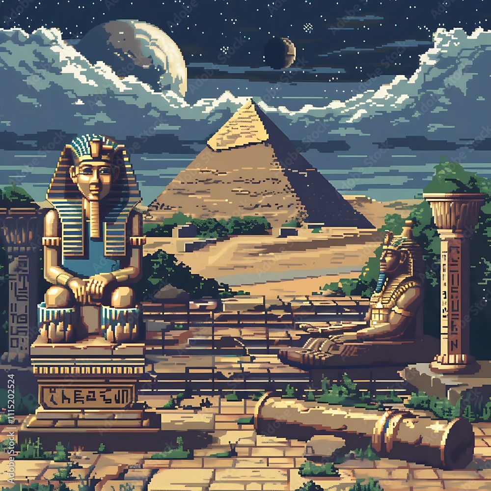 Epic ancient egyptian scene with pyramids and statues under starry night sky artistic pixel art ...