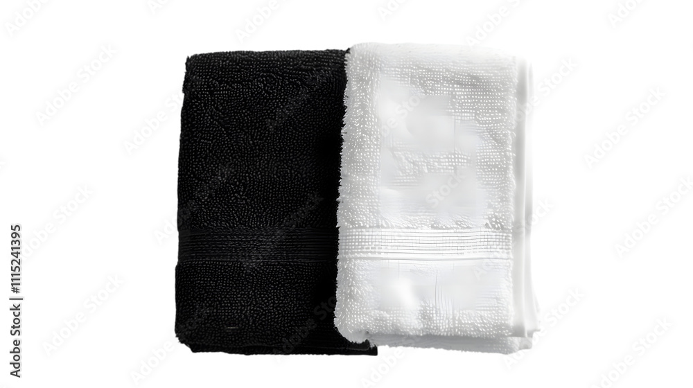 Blank black and white unfolded small towel mockup, top view isolated on ...