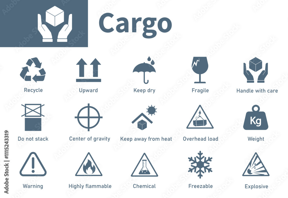 Cargo icon. Set of solid vector icons for warning, freight, logistics ...