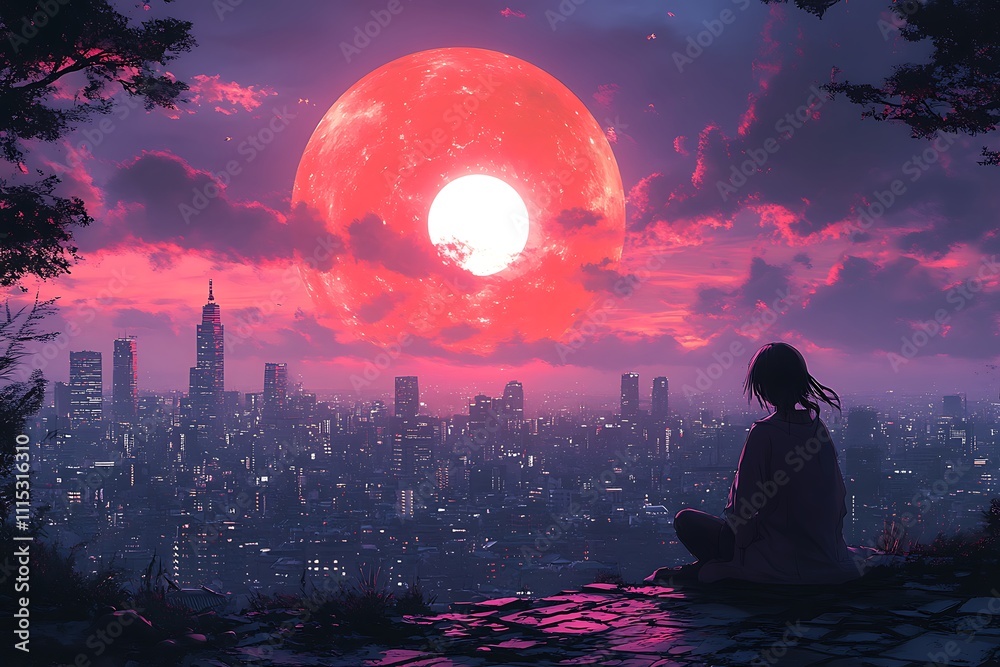 alone anime girl watching the bright moon digital art, painting, anime ...