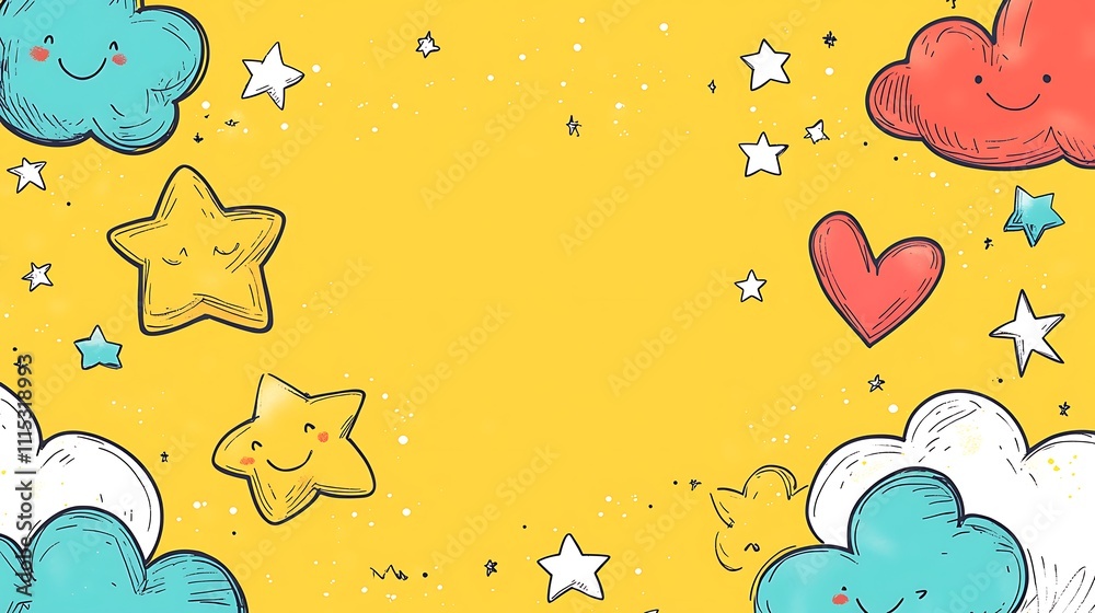 Playful yellow background with doodles of clouds, stars, and hearts ...