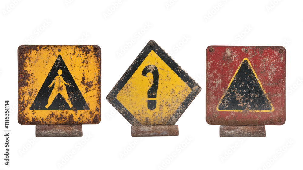 The image features three worn traffic signs, including a pedestrian ...