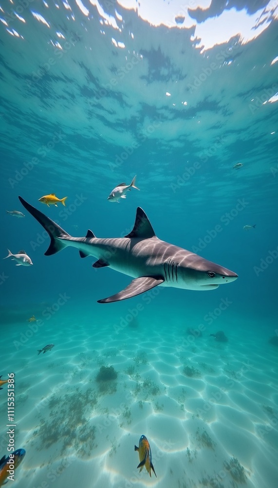 Blacktip Shark swimming gracefully in shallow tropical lagoon with ...