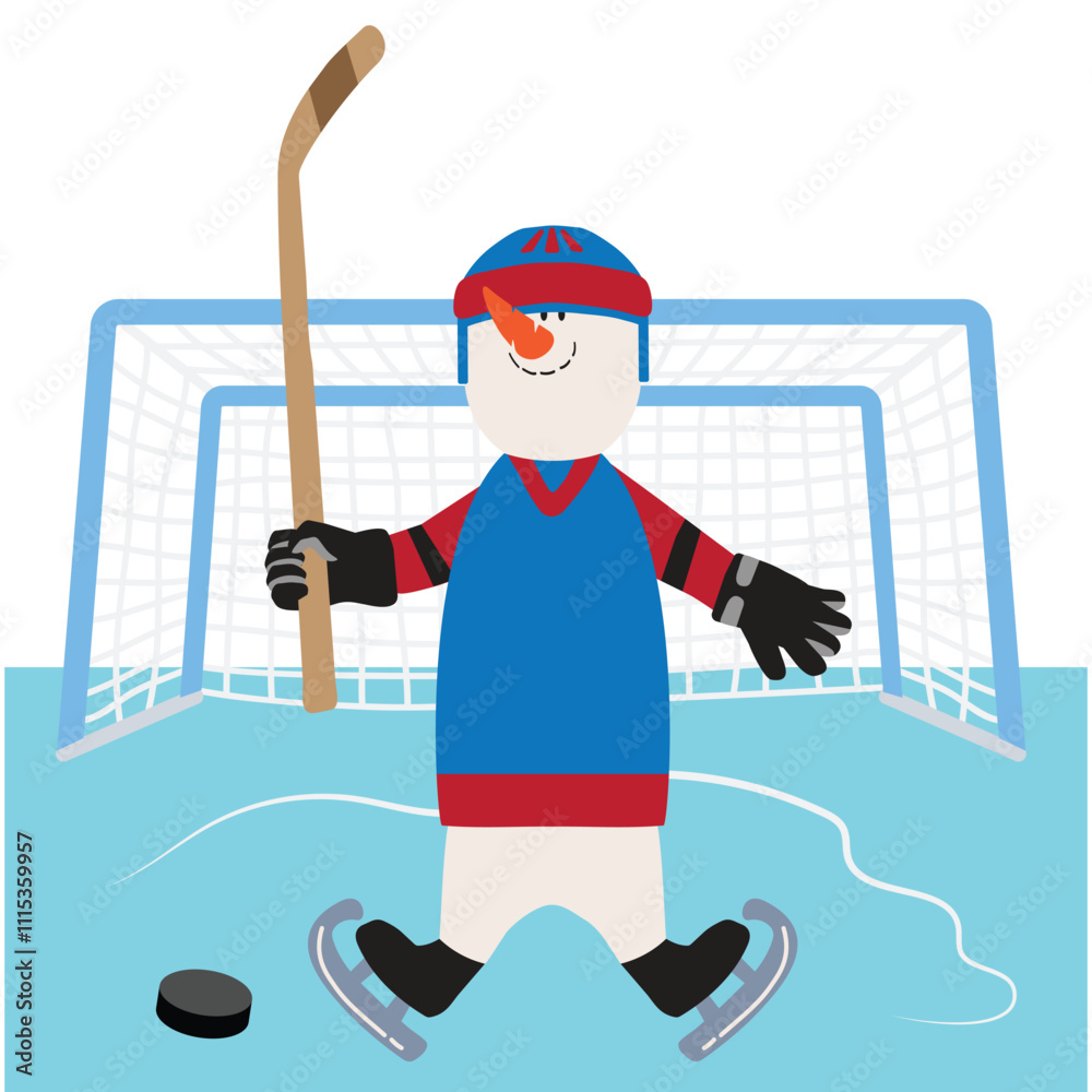 Snowman with stick and puck playing ice hockey vector cartoon ...