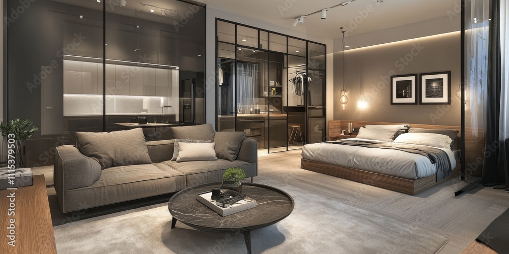 Chic studio apartment featuring an elegant layout with a fancy bedroom ...