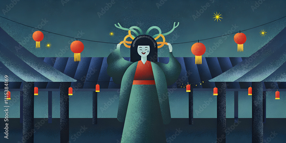 Market Serpent Charmer, vibrant lanterns illuminate a woman in ...