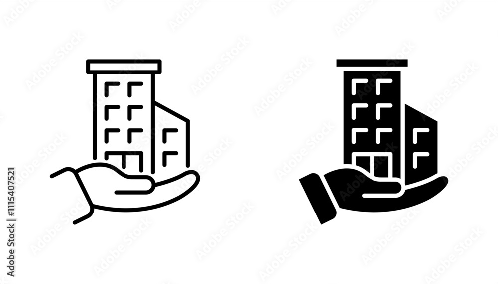 Building ownership linear icon set. Real estate business. Hand holds ...