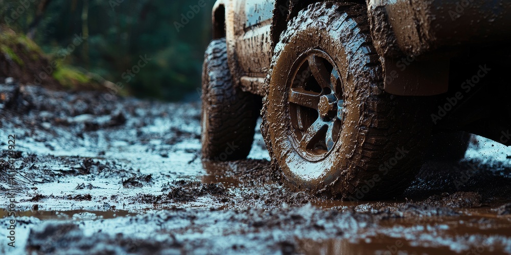 Off road car wheels covered in mud demonstrate the challenges of swamp ...