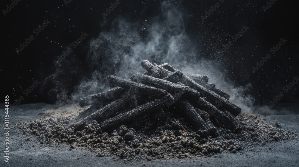 Smoldering Embers, Dark Charred Wood, Ash, Smoke, Glowing Coals ...