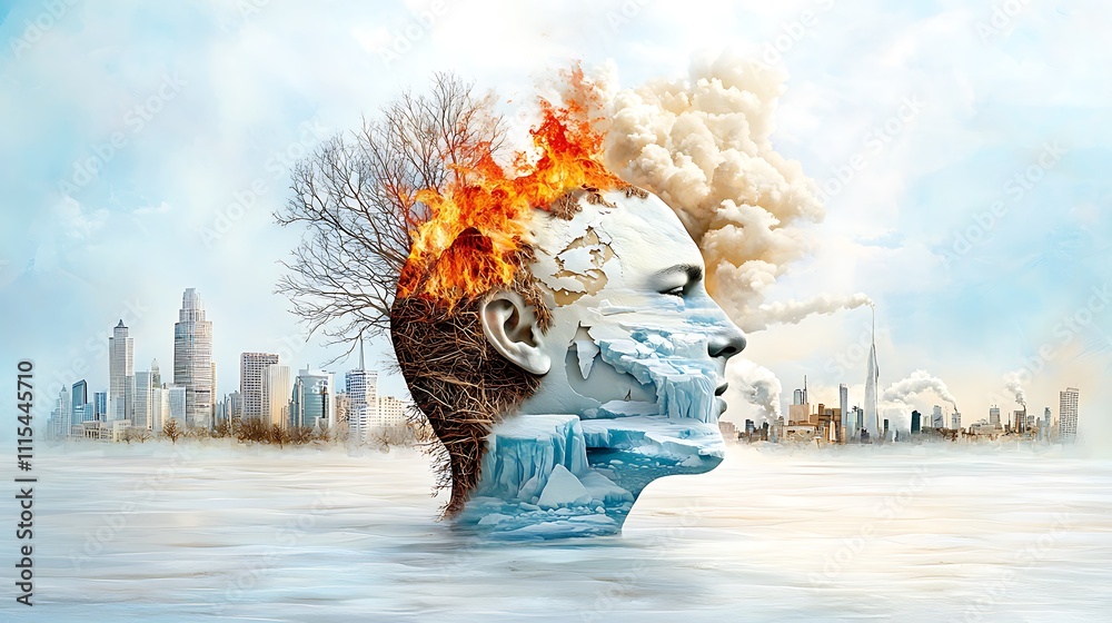 The paper collage depicts various images of melting ice caps ...