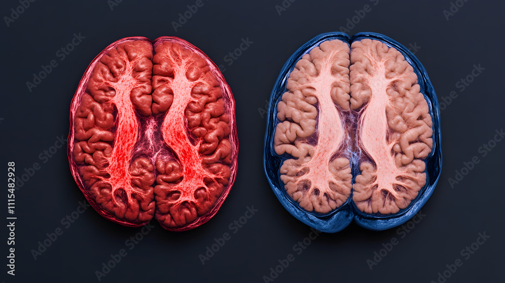 Healthy and diseased brain tissue comparison, showcasing differences in ...
