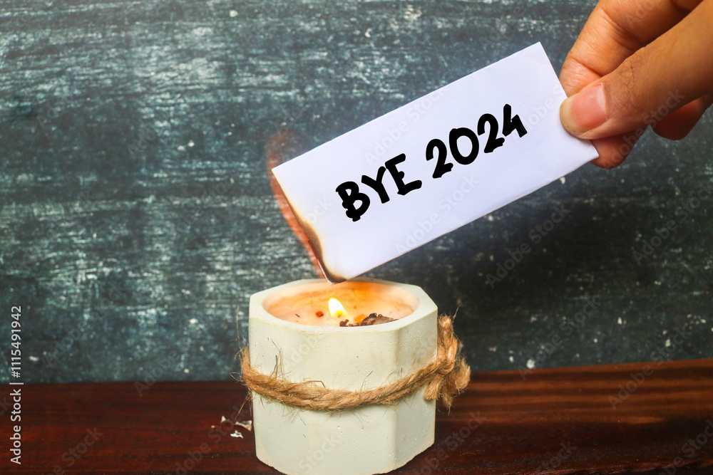Hand holding a half-burnt note with Bye 2024 written on it on the ...