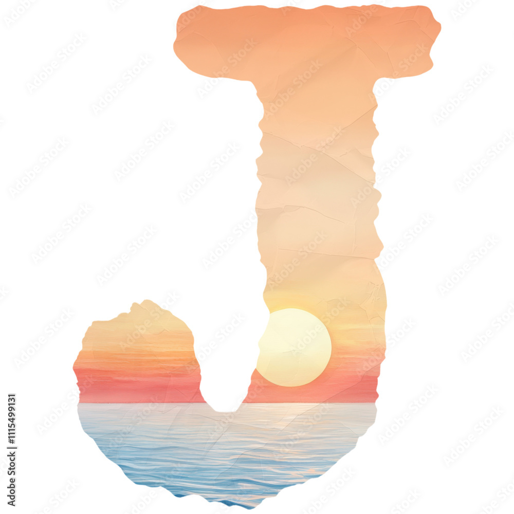 Watercolor alphabet letter "J" with sunset ocean view and crumpled ...