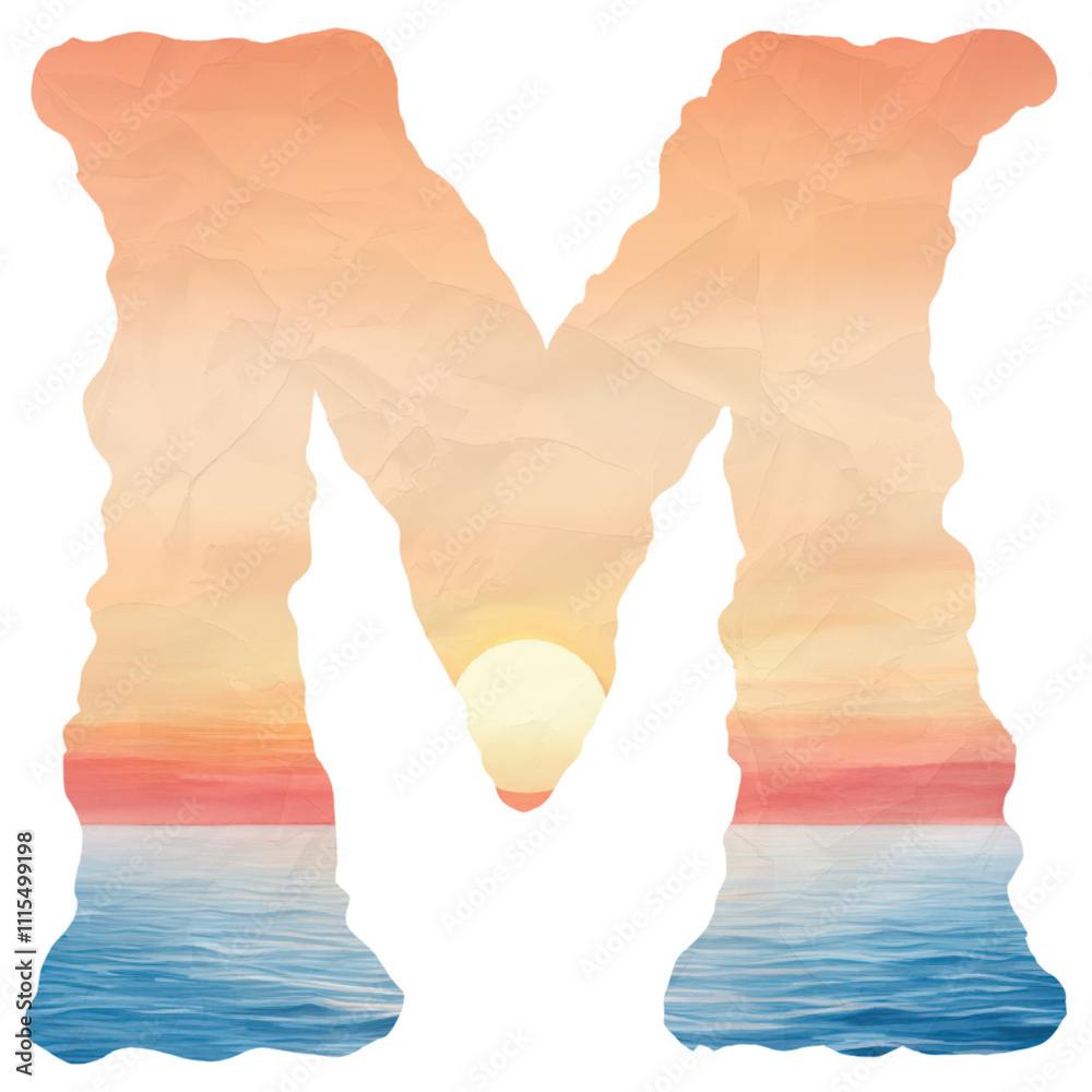 Watercolor alphabet letter "M" with sunset ocean view and crumpled ...