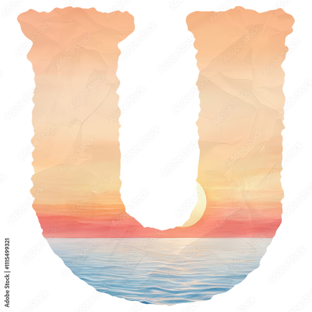 Watercolor alphabet letter "U" with sunset ocean view and crumpled ...
