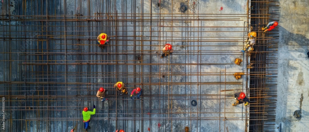 An aerial view of construction workers assembling steel rebar for a ...