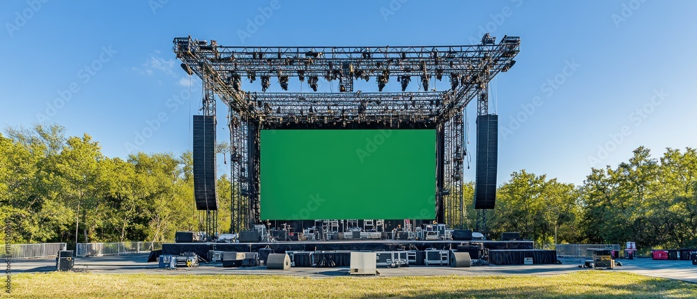 Outdoor concert rigging stage with green blank screen with sound system ...