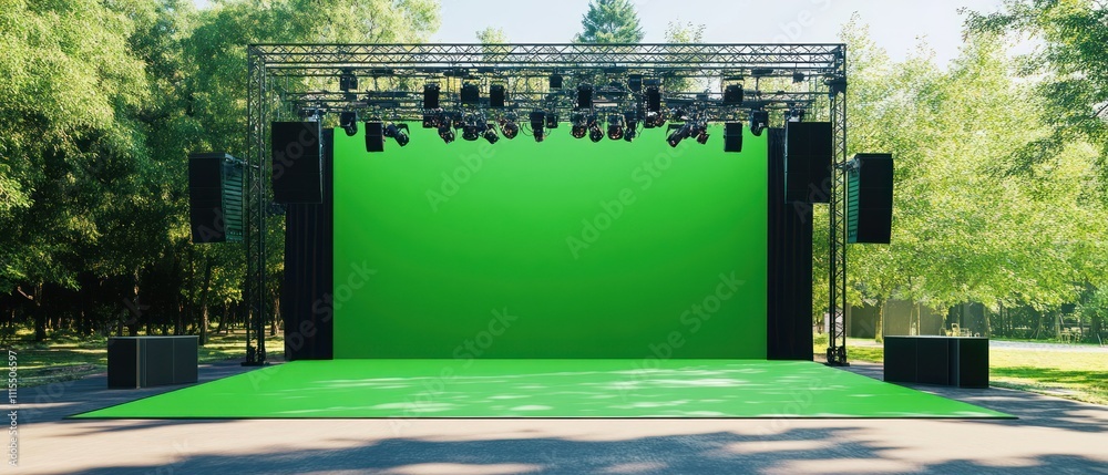 Large modern rigging stage in green garden, digital green screen ...