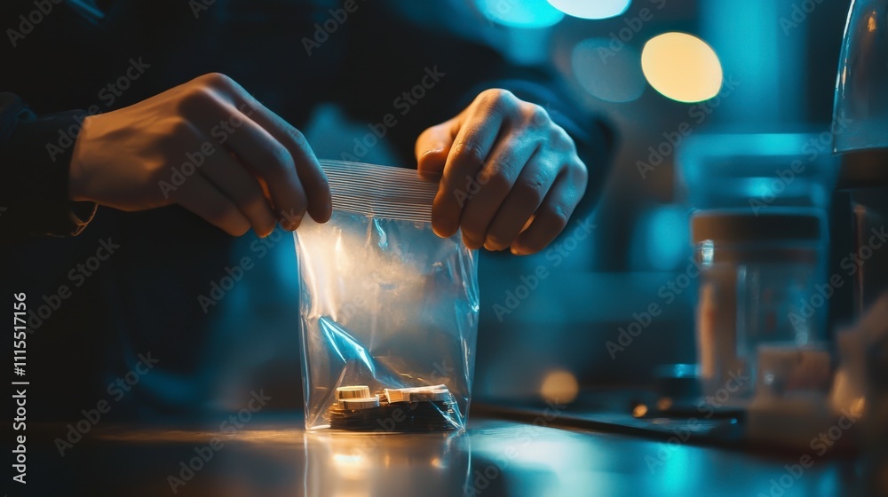 Nighttime urban photography of police officer handling evidence in a ...