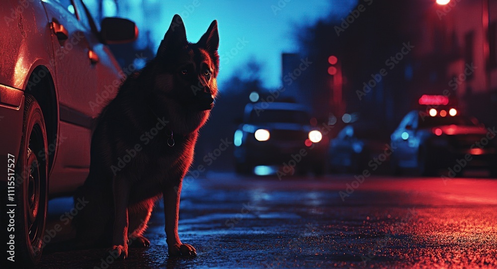 Police dog sniffing for clues at night urban setting action scene dark ...