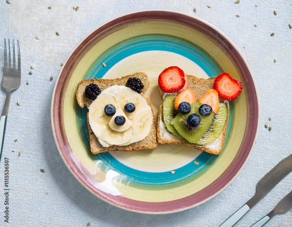 Funny animal faces on toasts with cream cheese, fruits and berries for ...