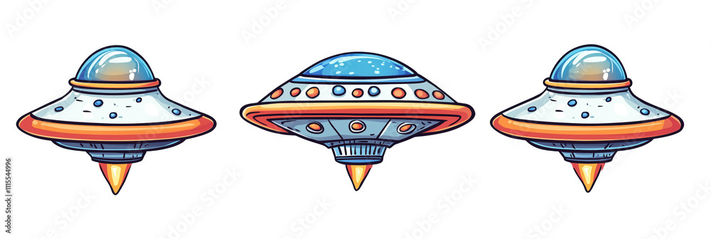 Colorful cartoon UFOs, three distinct designs, vibrant colors ...