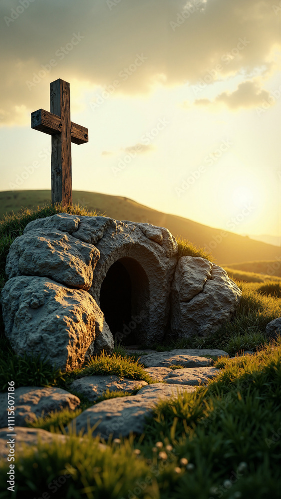 Good Friday Resurrection Scene: Empty Tomb with Cross at Sunrise - Perfect for Easter Services ...