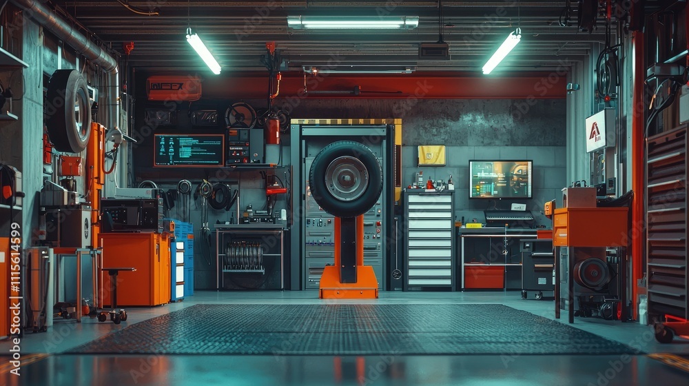 Modern auto repair shop interior with tire changer, tools, and ...