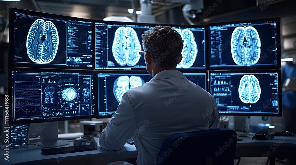 Foto de Stock Neurologist Analyzing Brain MRI Scans on Multiple ...