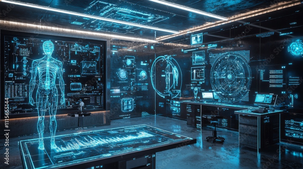 A high-tech lab with multiple holographic AI interfaces displaying genome sequencing and ...