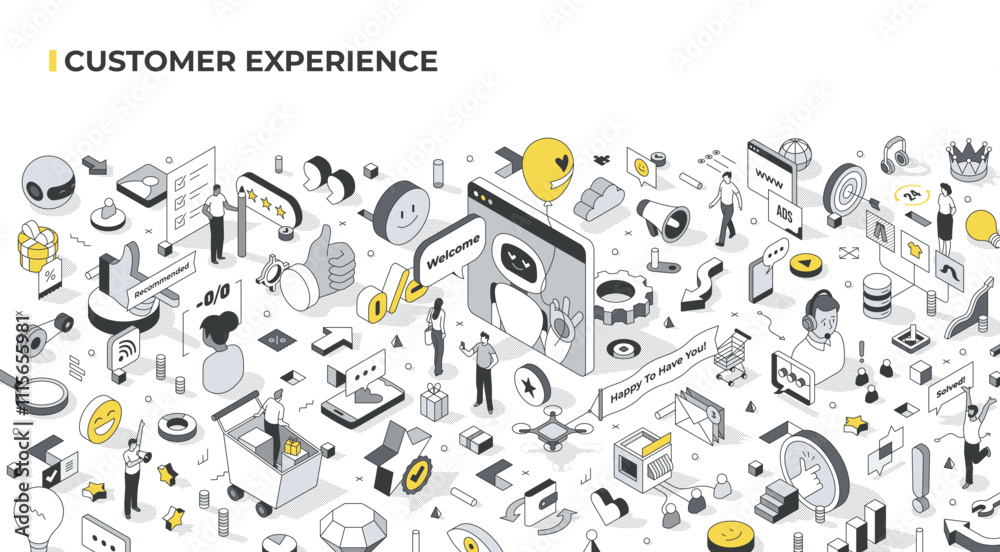Customer Experience. Various scenes with tiny people depicting customer ...
